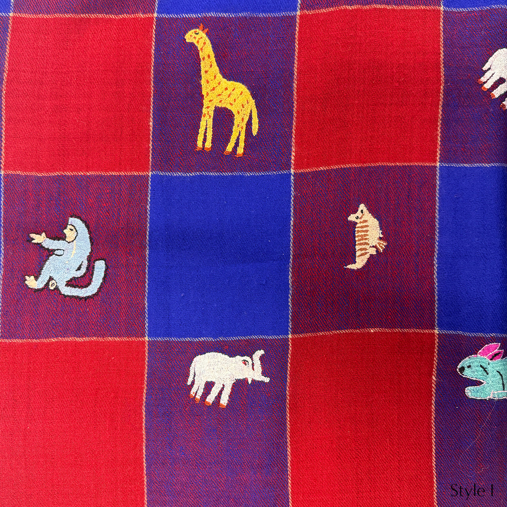 All Over Animal Embroidered Shawl Red and Navy Check – Muzungu Sisters UK